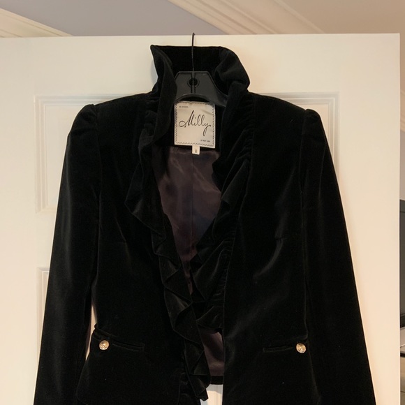 Milly | Jackets & Coats | Milly Black Velvet Ruffle Collar Jacket ...